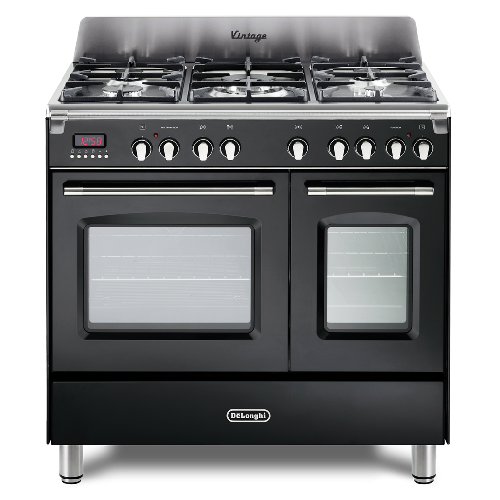 Vintage twin cavity dual fuel Range Cooker in Gloss Black - De'Longhi