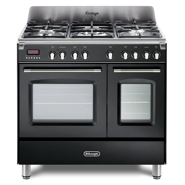 Vintage twin cavity dual fuel Range Cooker in Gloss Black - De'Longhi