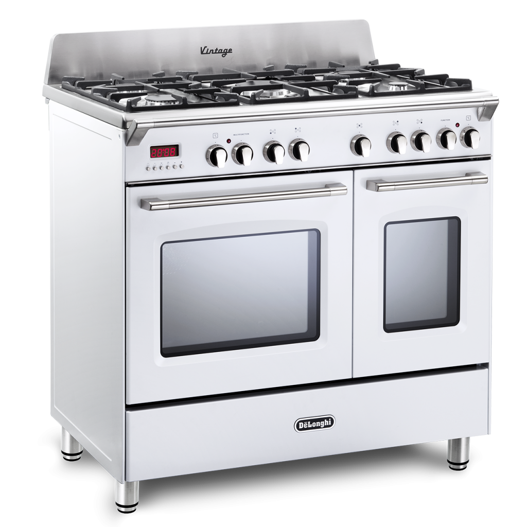 Vintage twin cavity dual fuel Range Cooker in Gloss White - De'Longhi