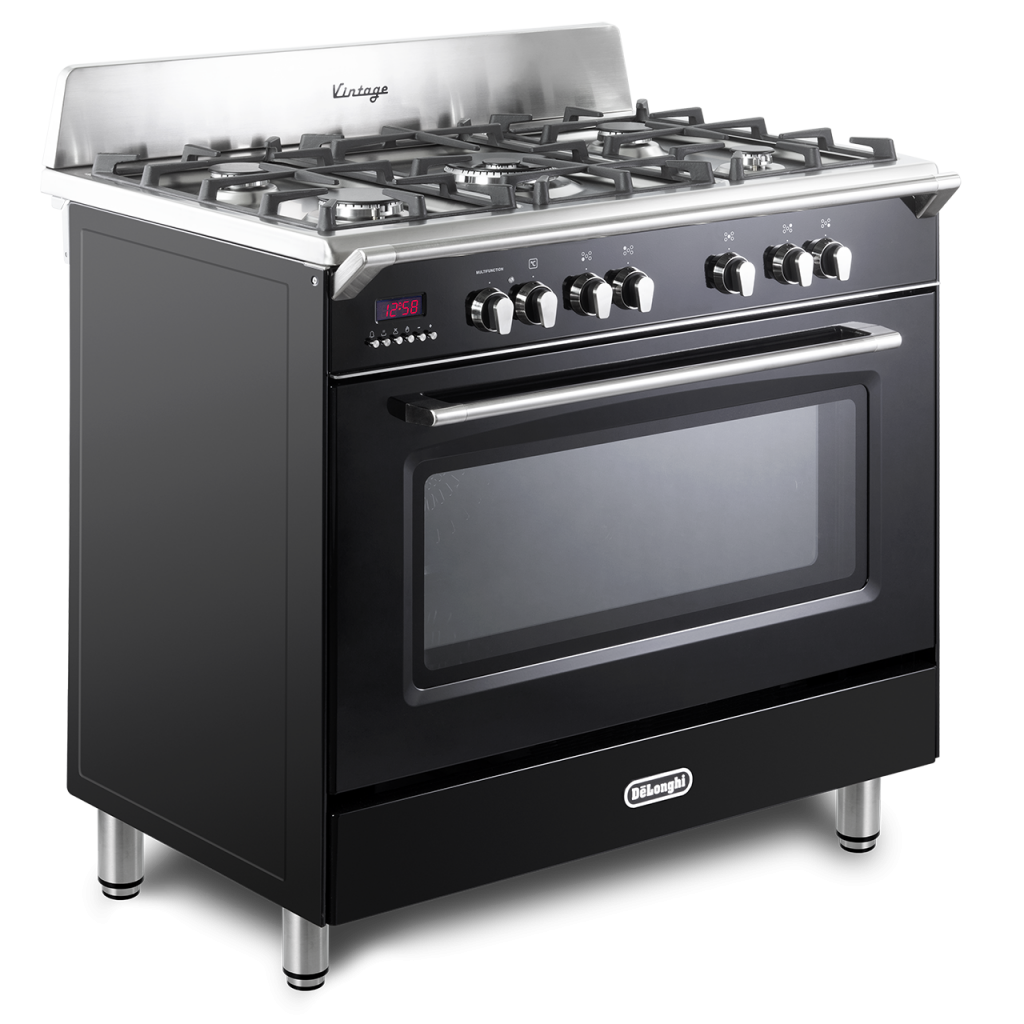 Vintage single cavity dual fuel Range Cooker in Gloss Black - De'Longhi