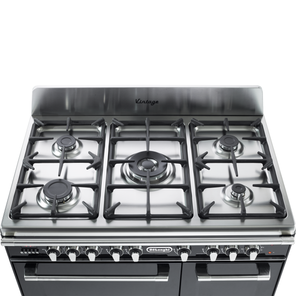 Vintage three cavity dual fuel Range Cooker in Gloss Black - De'Longhi